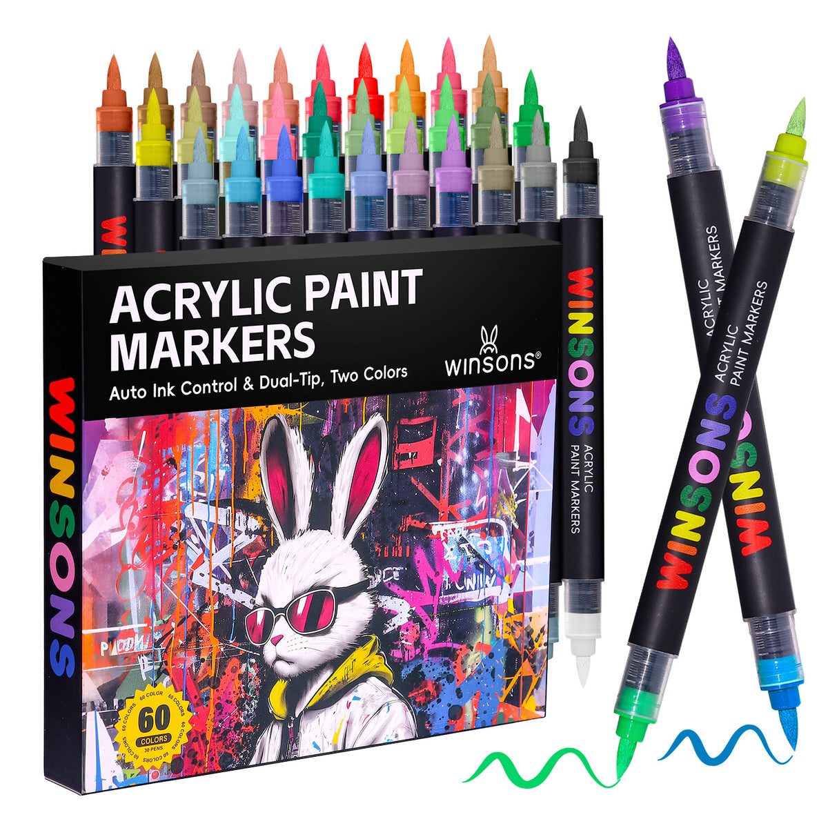 Professional Acrylic Paint Markers 60 Colors Set by Winsons | Dual Tip ...